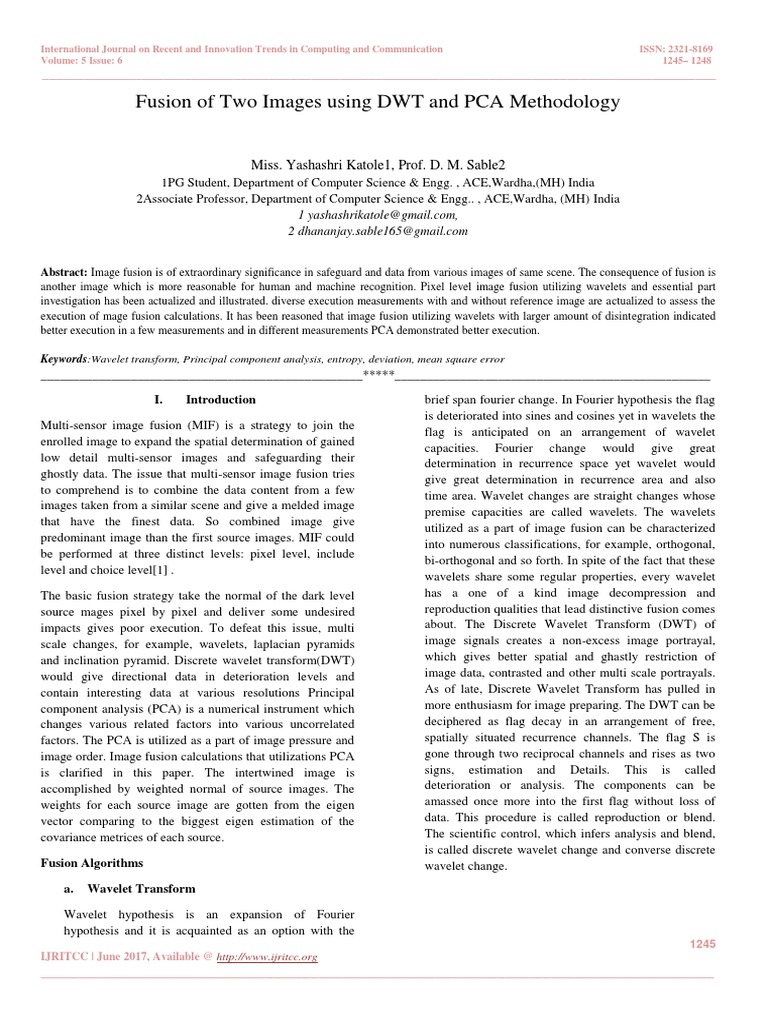 Fusion of Two Images Using DWT and PCA Methodology | PDF | Wavelet | Principal Component Analysis
