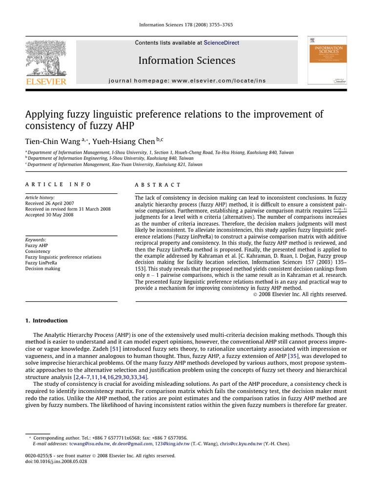 Applying Fuzzy Linguistic Preference Relations To The Improvement Chen 2008 Pdf Matrix