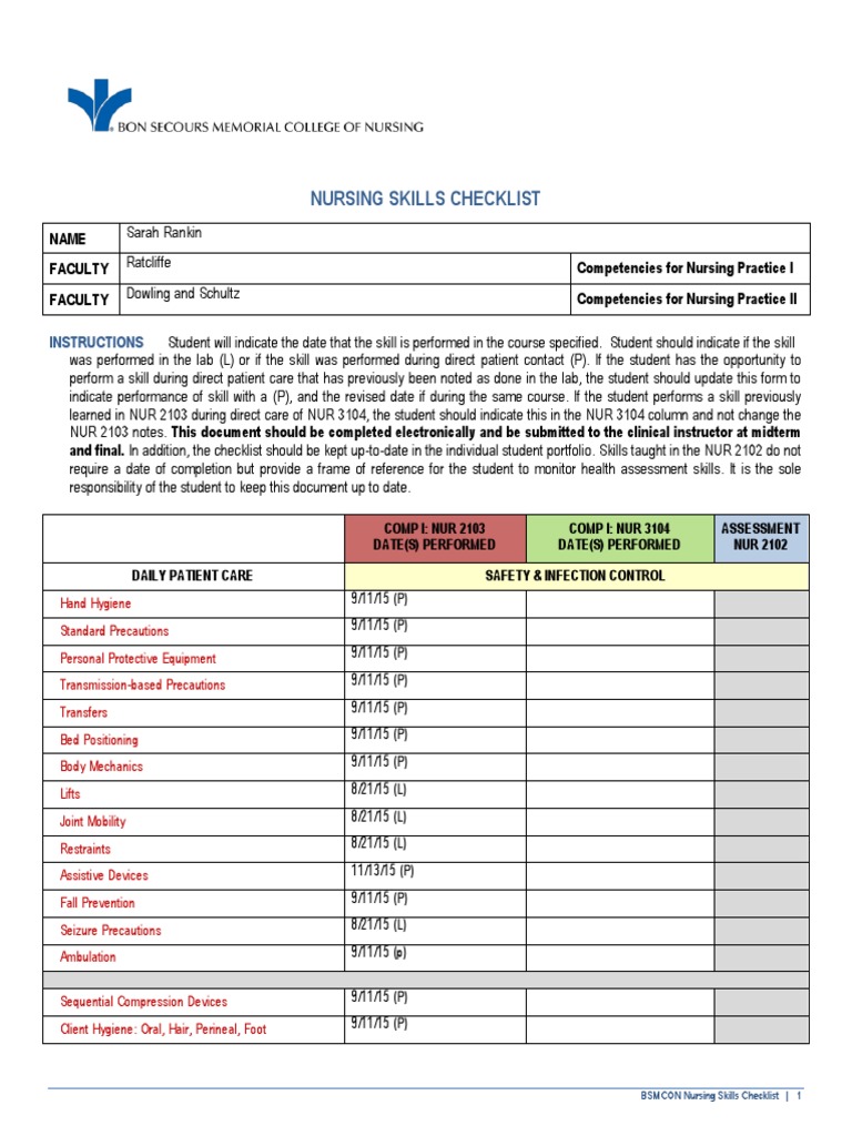 Nursing Skills Checklist | PDF | Intravenous Therapy | Clinical Medicine