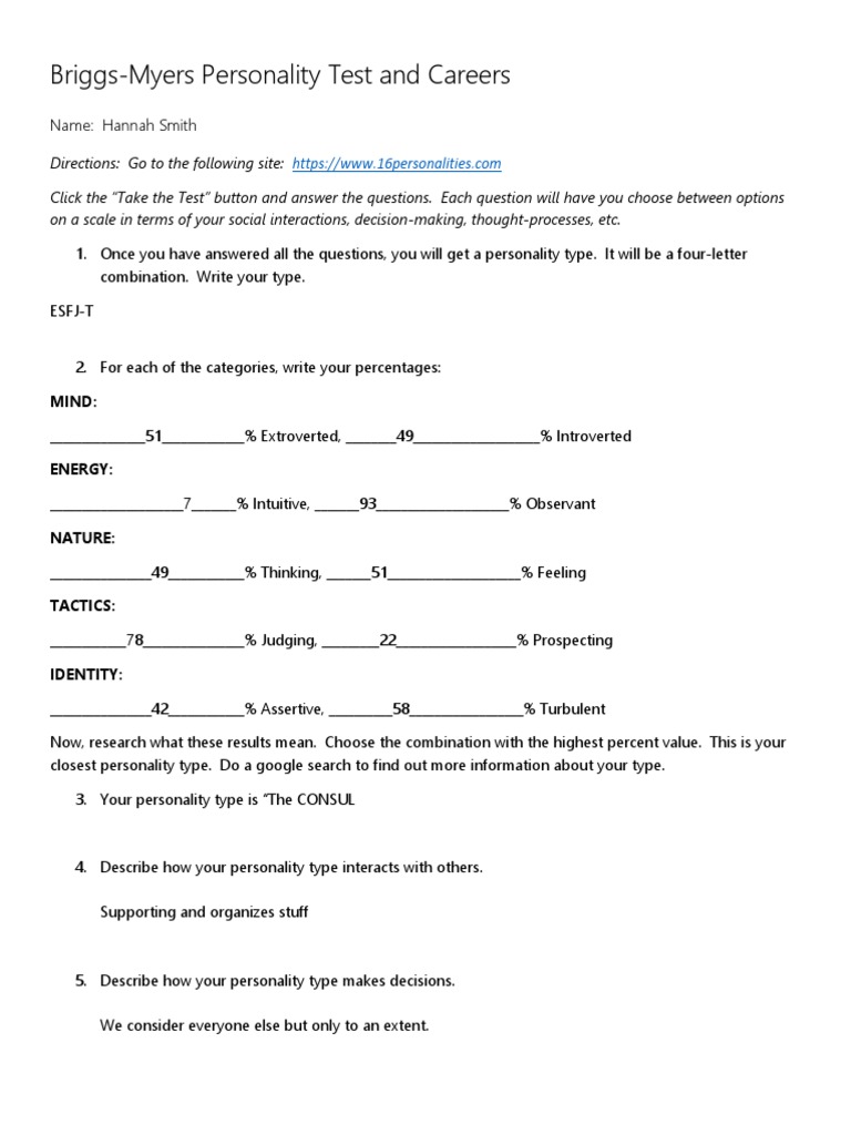 Briggs-Myers Personality Test and Careers: Mind | PDF | Personality ...