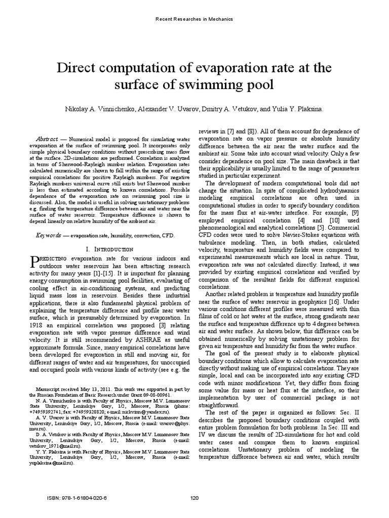 Direct Computation of Evaporation Rate at The Surface of Swimming Pool ...