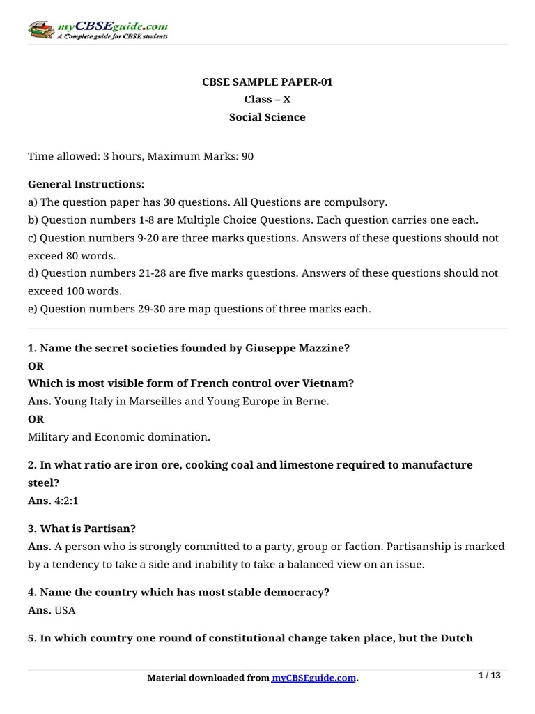 10 Social Science Sample Paper Sa2 1 | PDF | Political Parties | Democracy