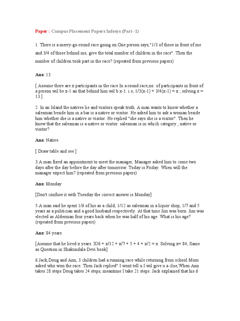 Paper:: Campus Placement Papers Infosys (Part - 1) | PDF