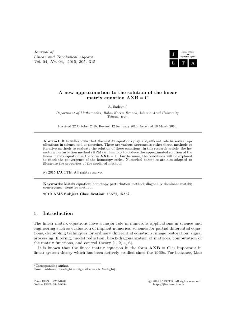 A New Approximation To The Solution of The Lineear Matrix Equation AXB ...