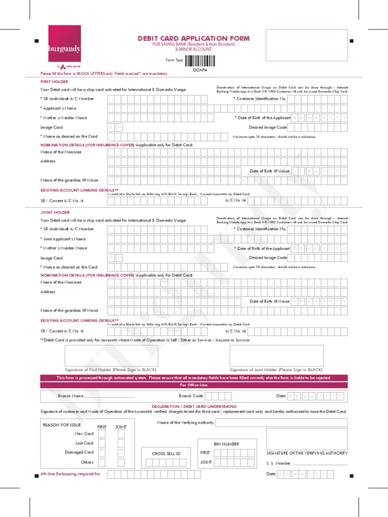 Debit Card Application Form: DD MM Y Y Y Y N Y | PDF | Debit Card ...