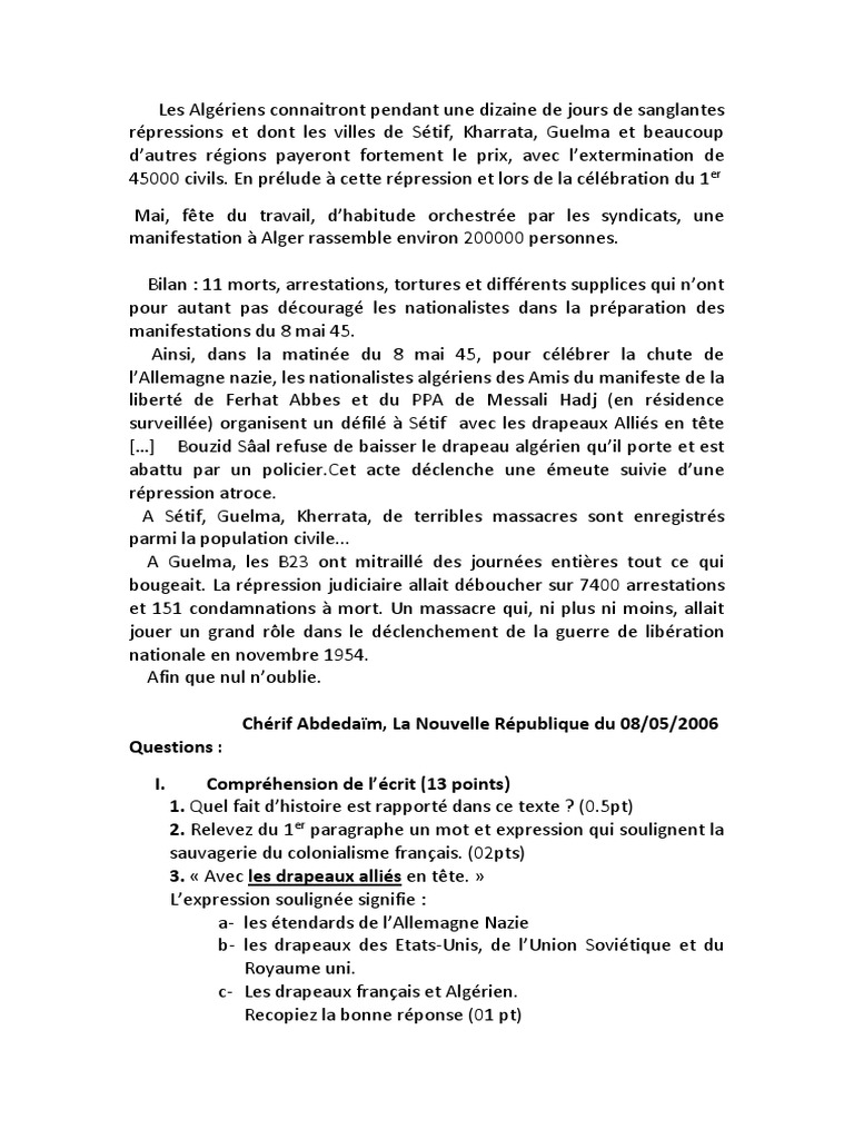 Composition 08 Mai 1945 3as | PDF | Algérie | Troubles