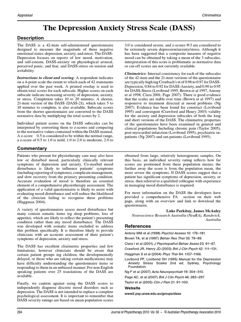 The Depression Anxiety Stress Scale (DASS) : Description | PDF | Major ...