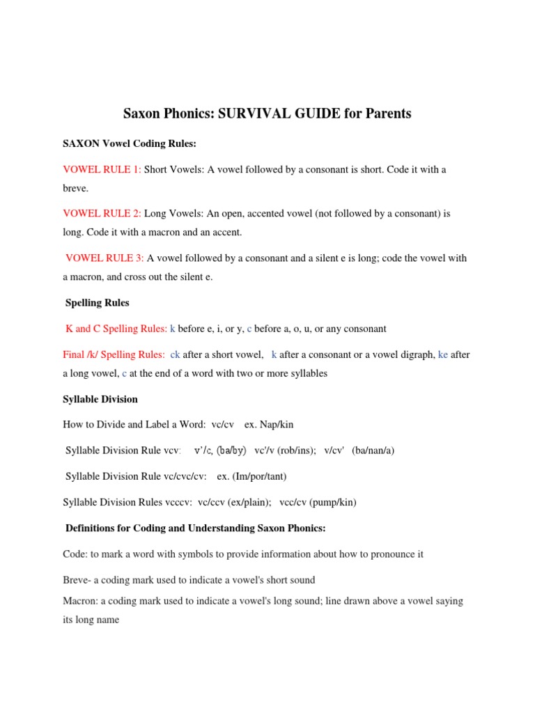 Saxon Phonics: SURVIVAL GUIDE For Parents: SAXON Vowel Coding Rules | PDF