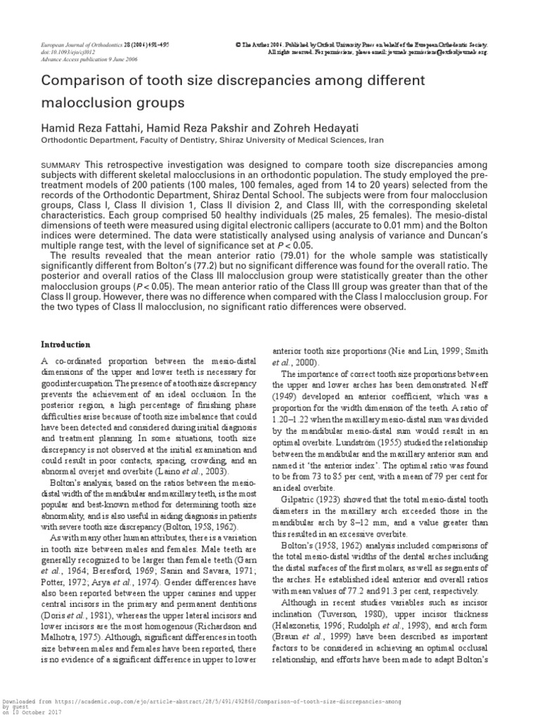 Comparison of Tooth Size Discrepancies Among Different Malocclusion ...