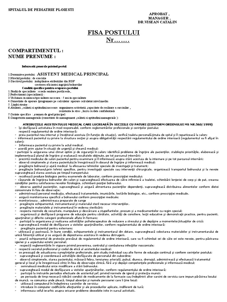 Fisa Post Asistent - Medical Principal | PDF