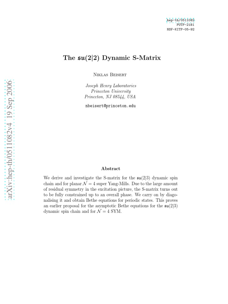 Derivation of the Unique su(2|2) Dynamic S-Matrix for Planar N=4 Super Yang-Mills Theory | PDF ...