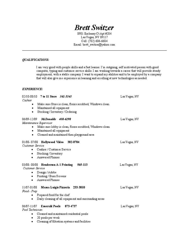 Brett Switzer's Resume and Qualifications | PDF