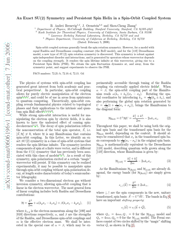 An Exact SU (2) Symmetry and Persistent Spin Helix in A Spin-Orbit ...
