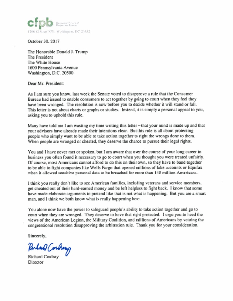CFPB Dir. Cordray Letter To WH On Mandatory Predispute Arbitration Rule ...