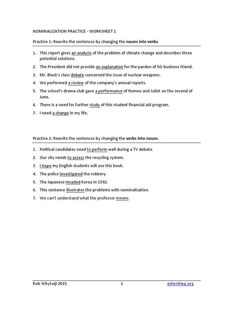 Nominalization Practice Worksheet | PDF | Sentence (Linguistics) | Syntax
