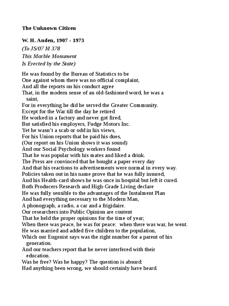 Unknown Citizen | Poetry | Rhyme