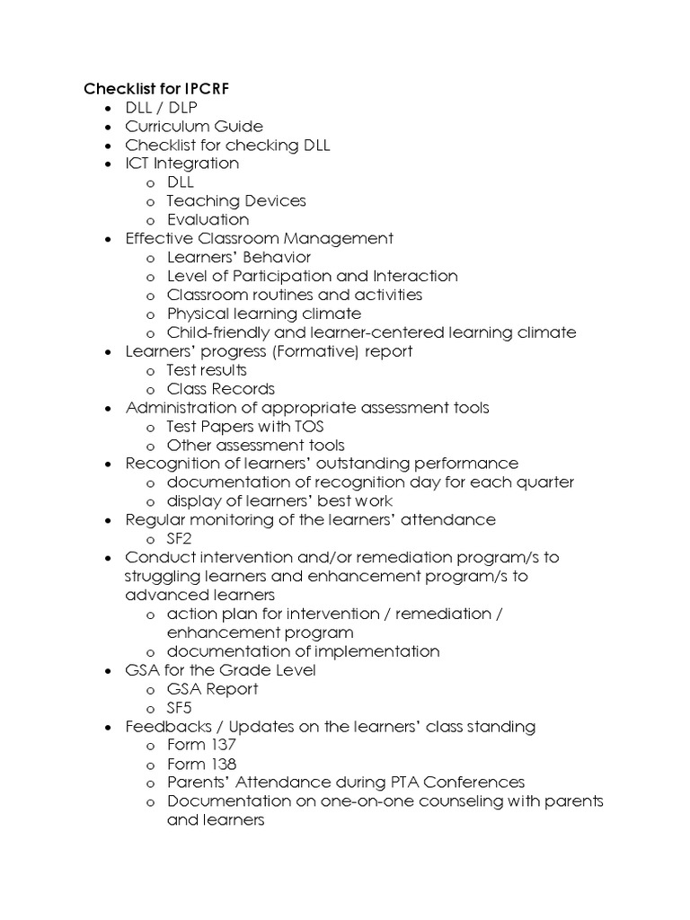 Checklist For IPCRF | PDF | Educational Psychology | Psychological Concepts
