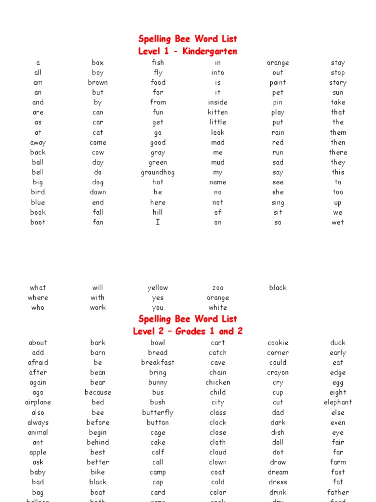 Spelling Bee Word List Level 1 - Kindergarten | PDF | Agriculture | Nature