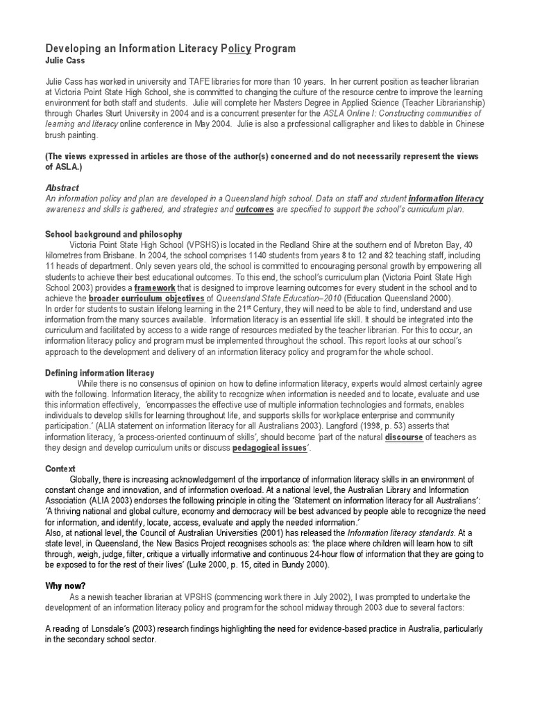 Developing an Information Literacy Program: Gathering Data ...