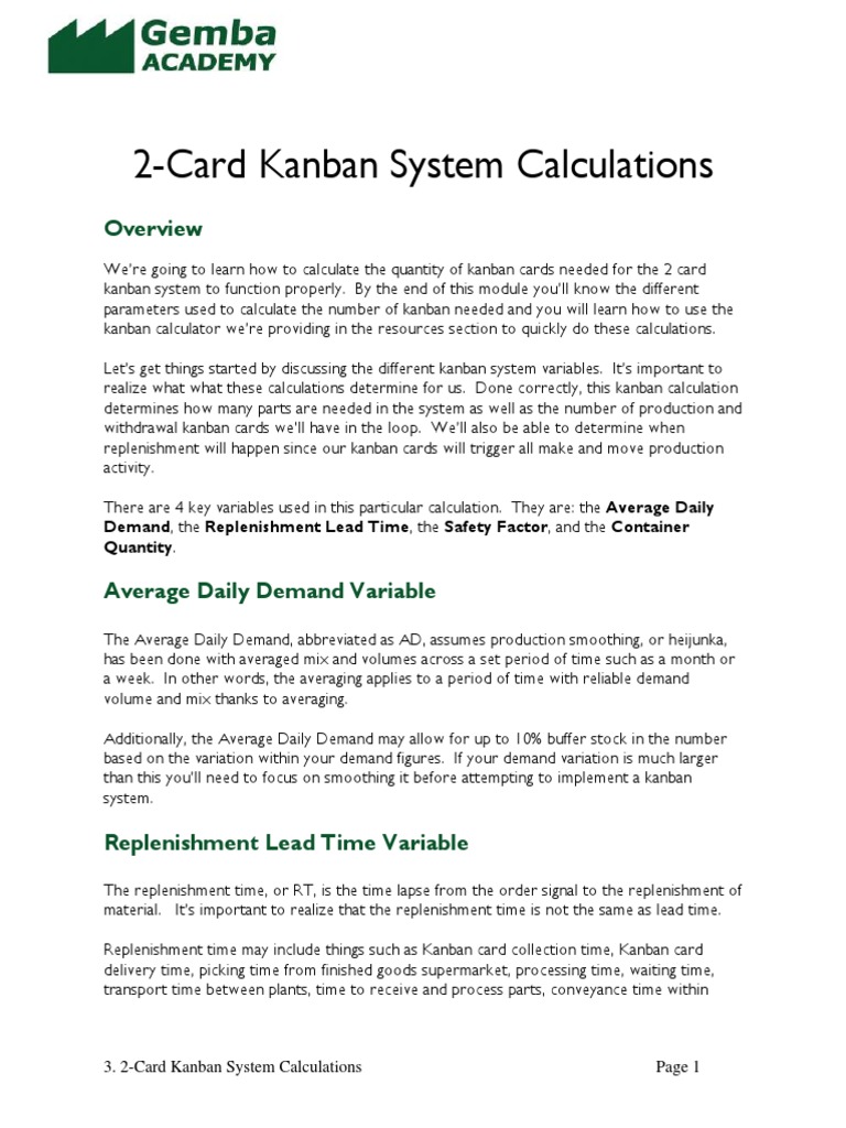 2-Card Kanban System Calculations Guide | PDF | Production And ...