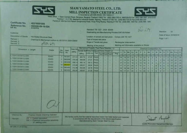 Angle Bar 130x130x9mm Mill Certificate | Chemical Elements | Metals