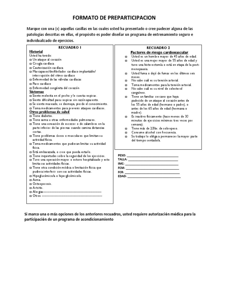 Pre-Participation Screening Questionnaire Spanish | PDF | Corazón ...