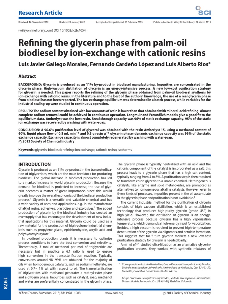 Refining The Glycerin Phase From Palm-Oil Biodiesel by Ion-Exchange ...