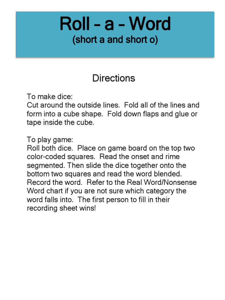 Roll - A - Word: (Short A and Short O) | PDF