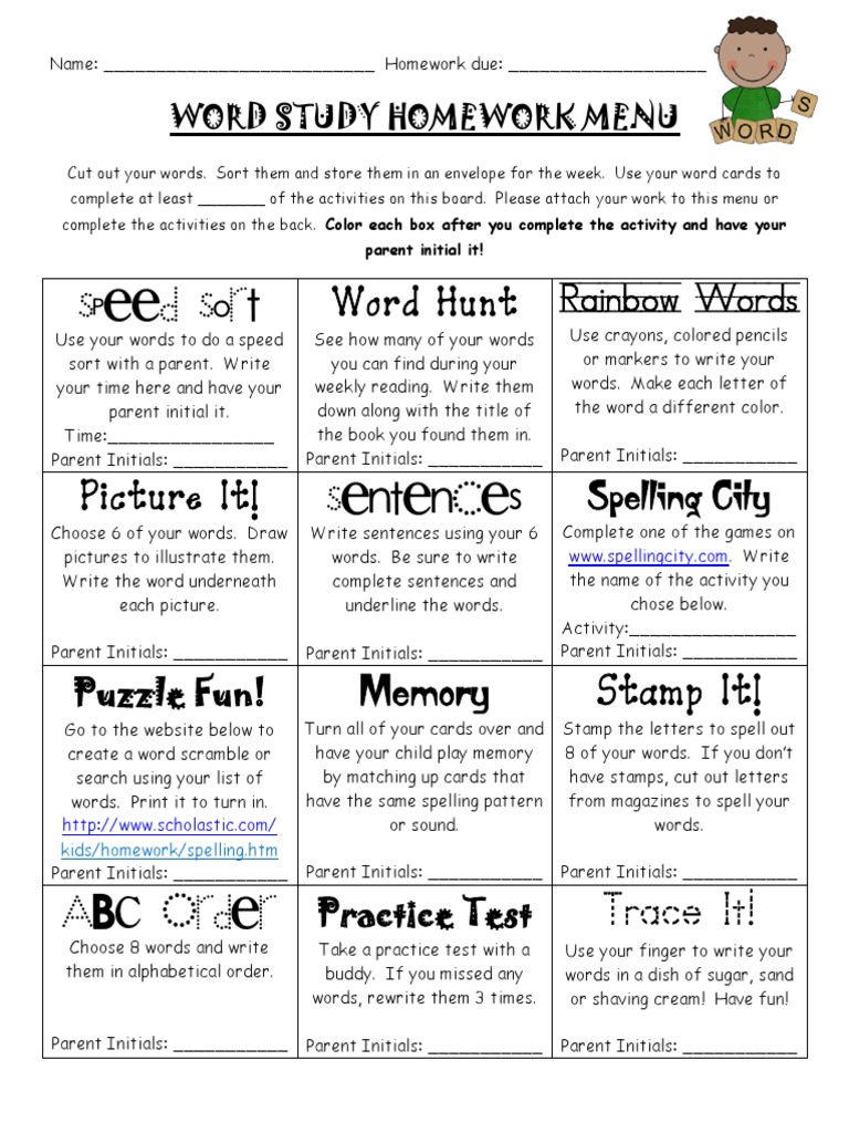 Word Study Homework Activities Menu | PDF | Written Communication