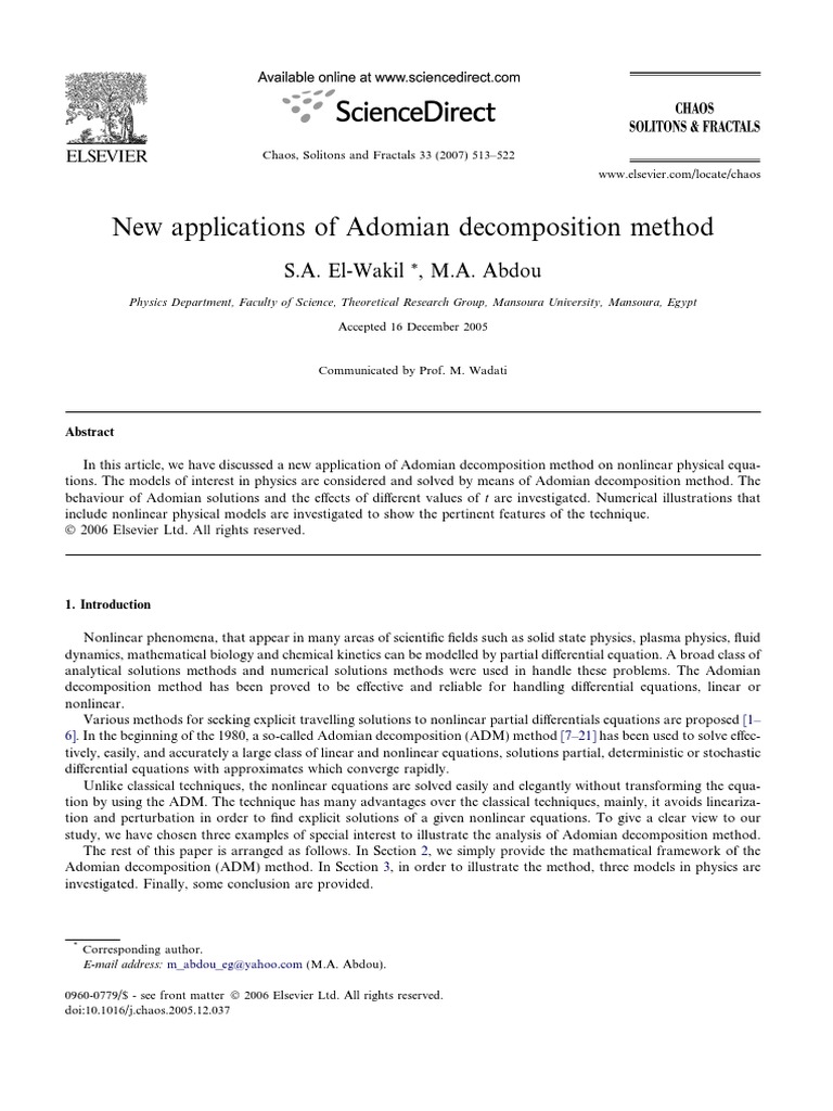 New Applications Of Adomian Decomposition Method Pdf Nonlinear