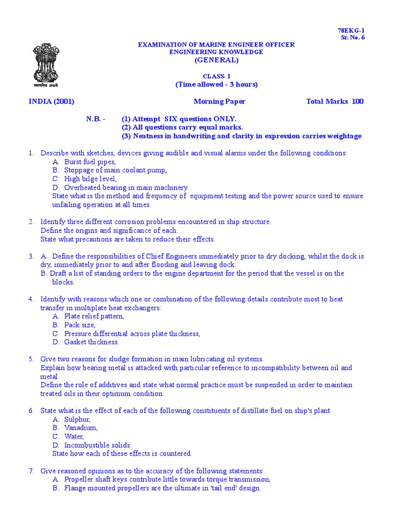 78EKG-1 Sr. No. 6 Examination of Marine Engineer Officer Engineering ...