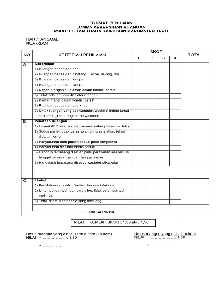 Format Penilaian Lomba Kebersihan Ruangan | PDF