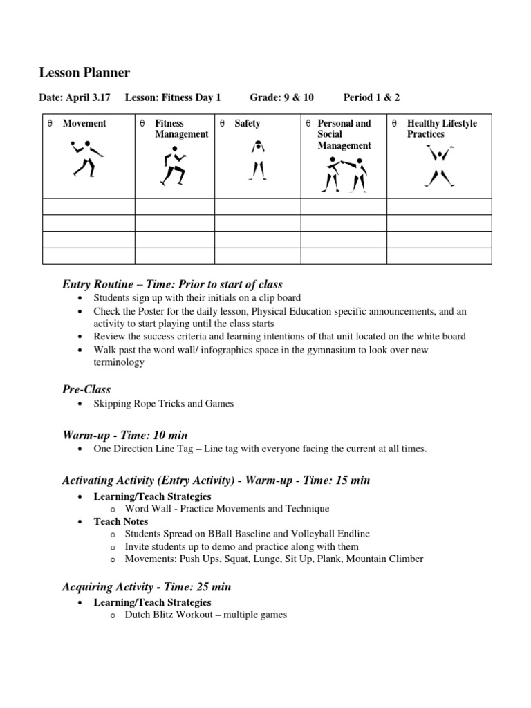 Fitness Lesson Plan 1 Pdf Physical Fitness Recreation