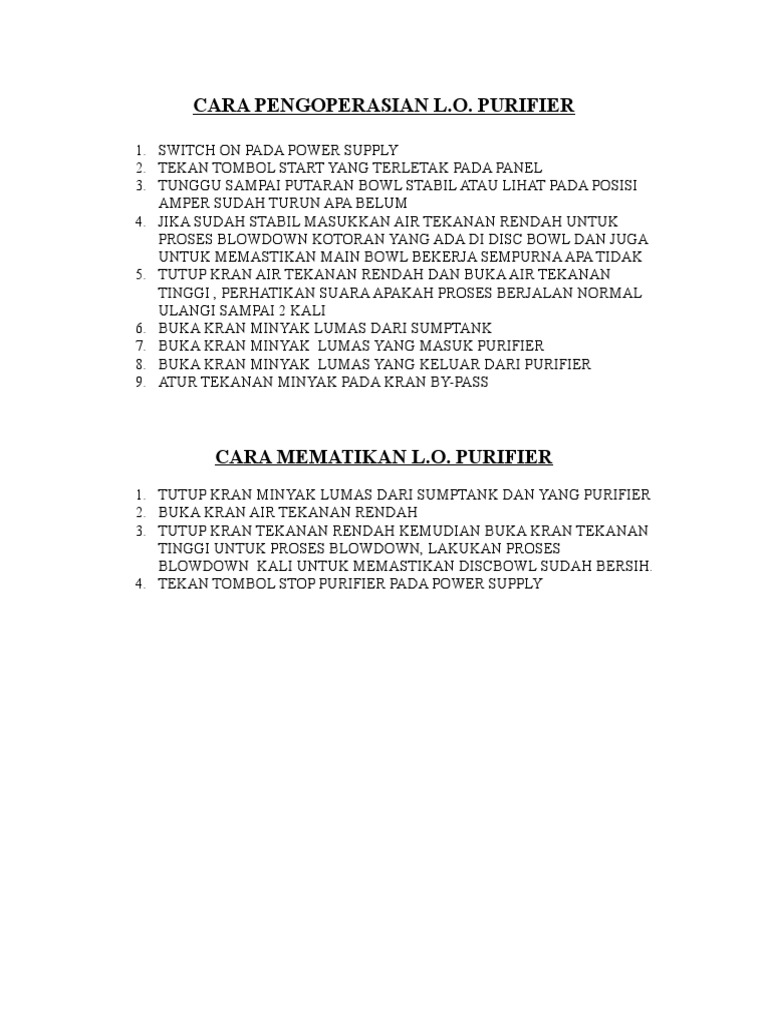 Cara Pengoperasian L.O Purifier | PDF