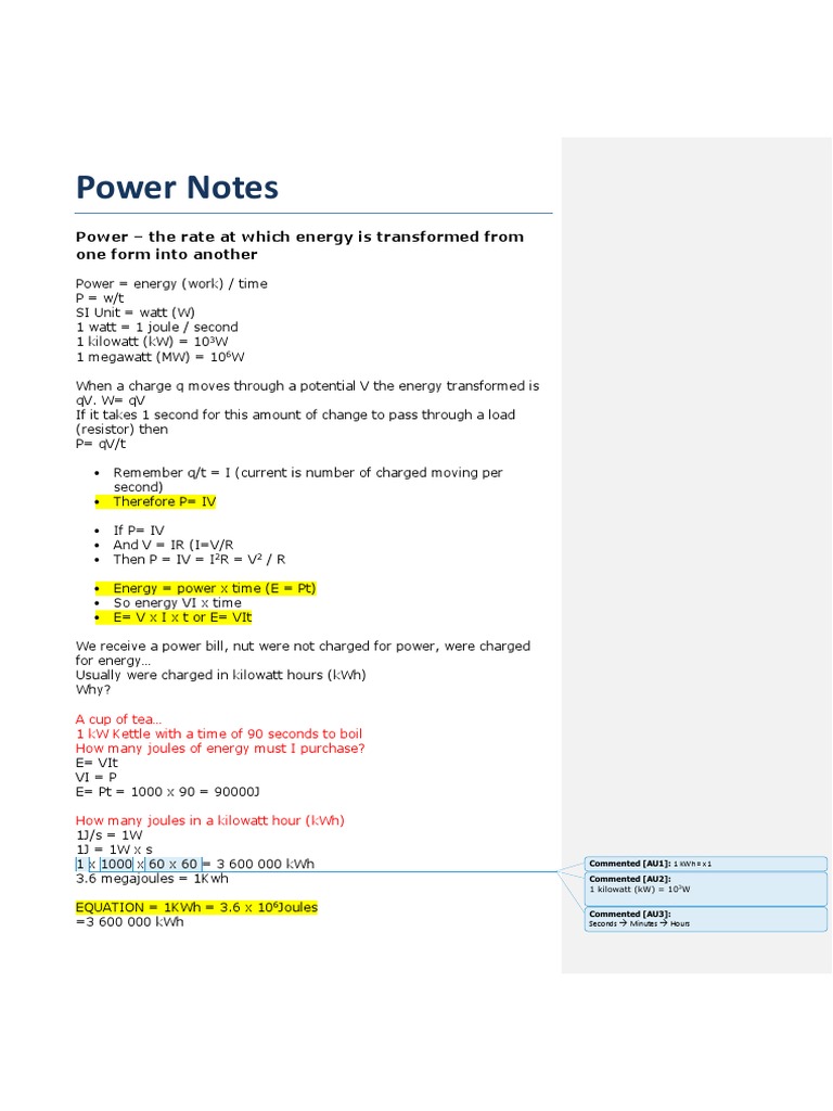 Power Notes: Power - The Rate at Which Energy Is Transformed From One ...