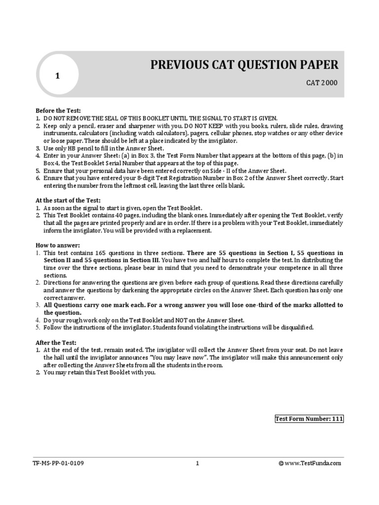 CAT 2000 Question Paper and Ans Key PDF | PDF