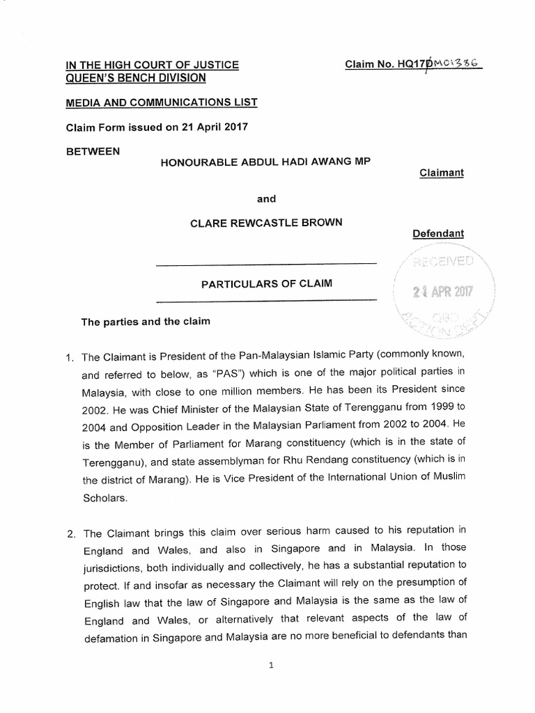 Hadi Awang's Suit Against Clare Rewcastle Brown (Sarawak Report) | PDF ...