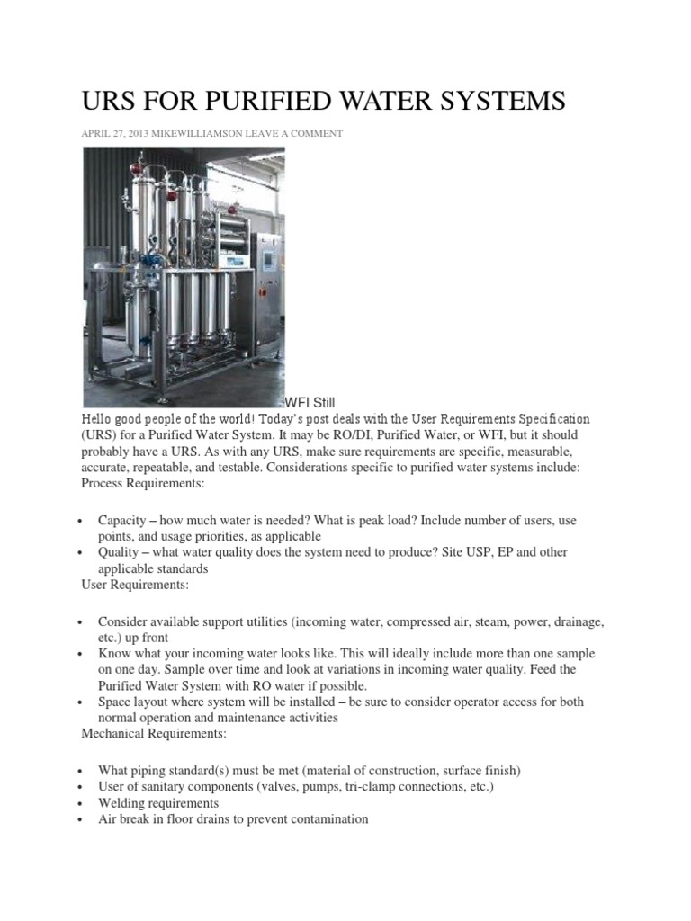 Urs For Purified Water Systems | PDF | Water Supply Network | Purified ...