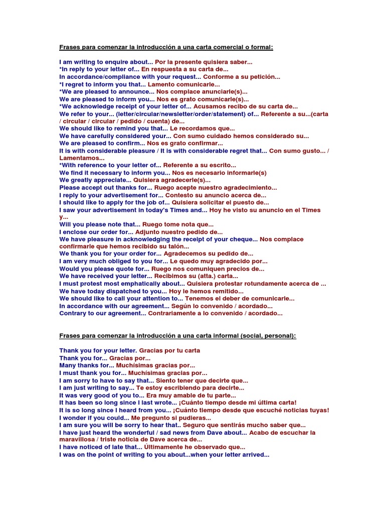 Frases para Comenzar La Introducción A Una Carta Comercial o Formal ...