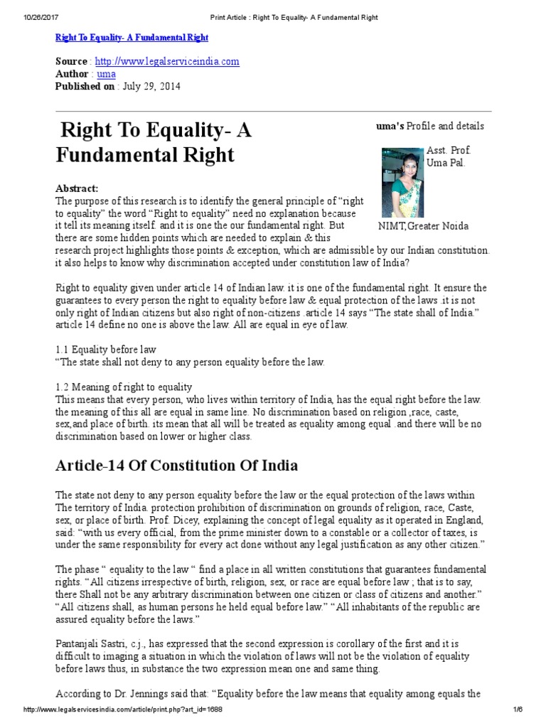 Right To Equality - A Fundamental Right | PDF | Equal Protection Clause ...