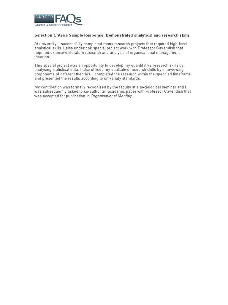 Selection Criteria Sample Response - Demonstrated Analytical and ...