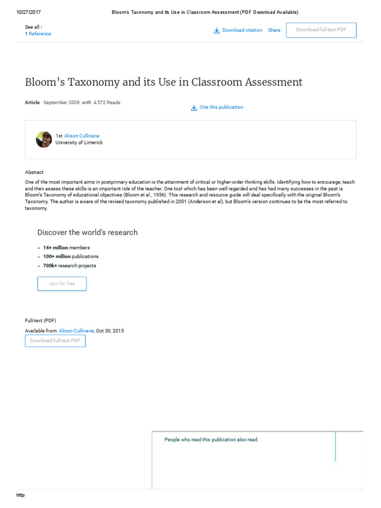 Bloom's Taxonomy and Its Use in Classroom Assessment (PDF Download ...