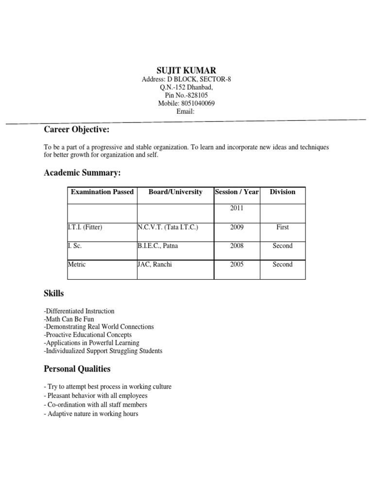 Sujit Kumar's Resume and Career Goals | PDF | Career & Growth