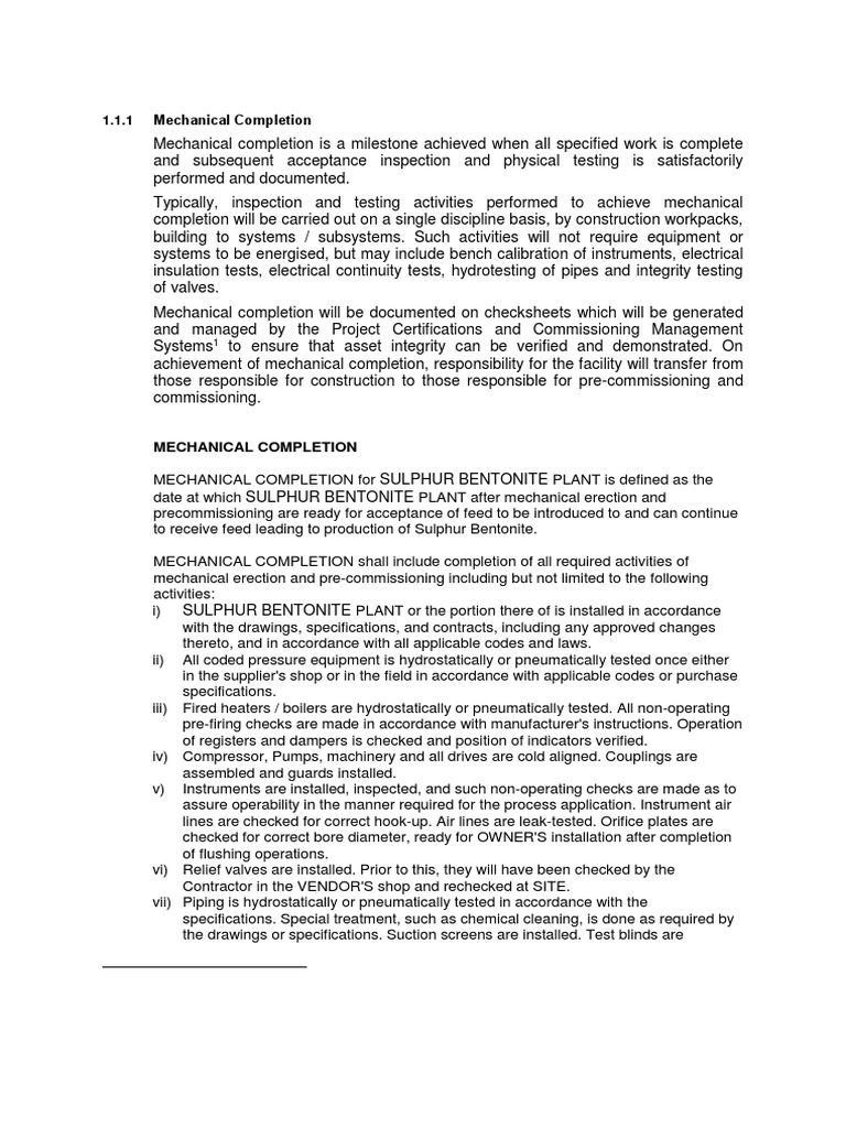 Mechanical Completion | PDF | Pipe (Fluid Conveyance) | Valve