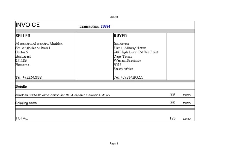 International Audio Equipment Sale: Invoice for Wireless Microphone ...