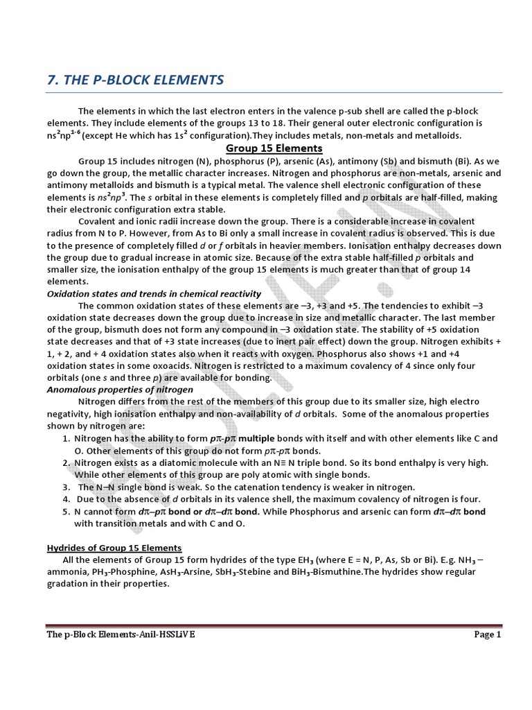 The P-Block Elements Guide | PDF | Nitrogen | Chlorine