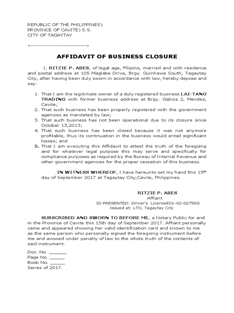 Affidavit of BUSINESS Closure | PDF | Affidavit | Civil Law (Common Law)