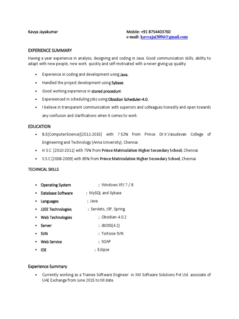 Kavya Resume | Eclipse (Software) | Java (Programming Language)