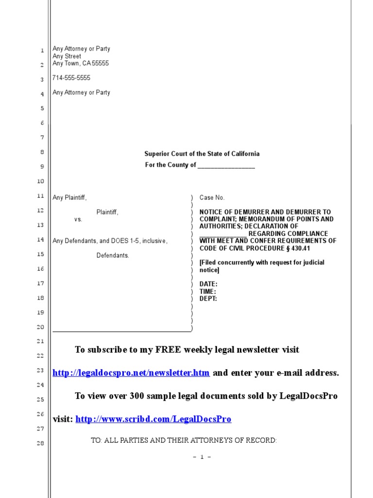 Sample Special Demurrer to Complaint for Another Action Pending in ...