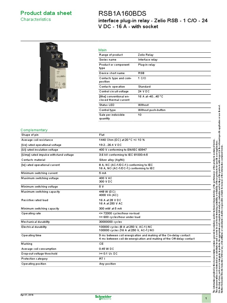 RSB1A160BDS: Product data sheet | Relay | Ac Power Plugs And Sockets